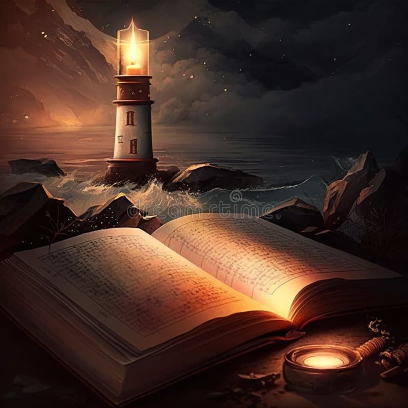 Scriptures Open with a Lighthouse and Candle Stock Illustration ...