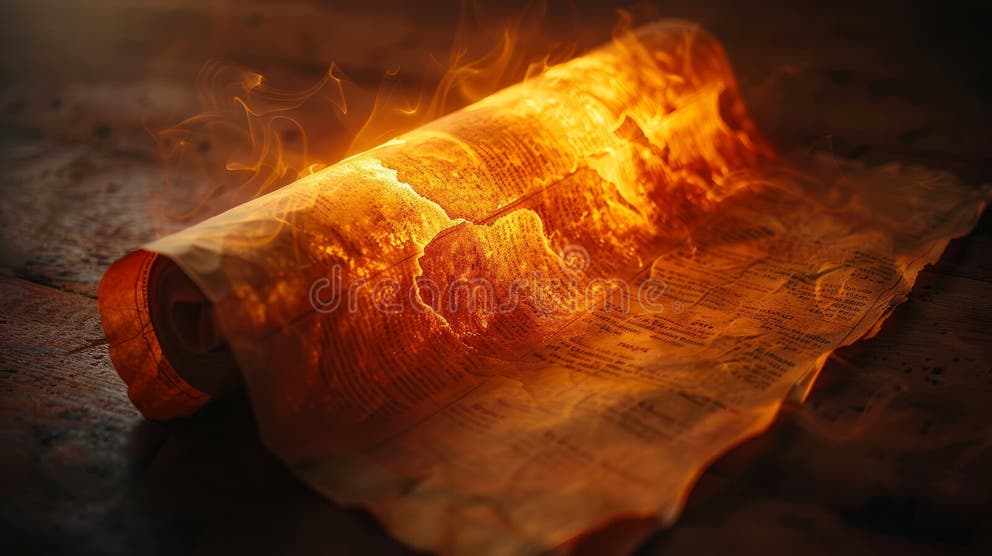 Ancient Scroll Engulfed in Flames Illuminating a Dark Stone Environment ...