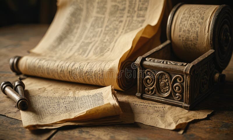 A Scroll and a Box of Paper are on a Table. the Scroll is on the Left ...