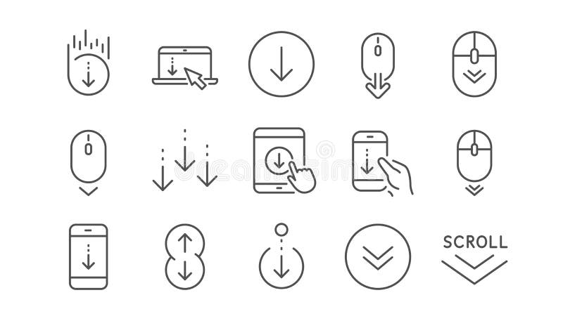 Scroll Down Line Icons. Scrolling Mouse, Landing Page Swipe Signs. Linear Set. Vector Stock ...