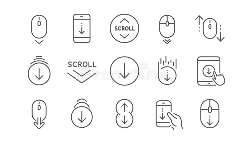 Scroll Down Line Icons. Scrolling Mouse, Landing Page Swipe Signs. Linear Set. Vector Stock ...