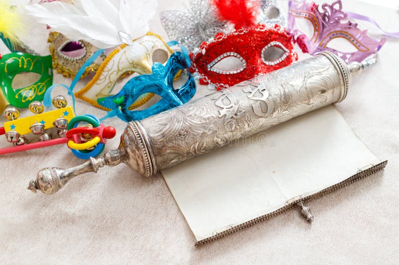 The Scroll of Esther and Multicolored Carnival Mask. Purim Festival ...
