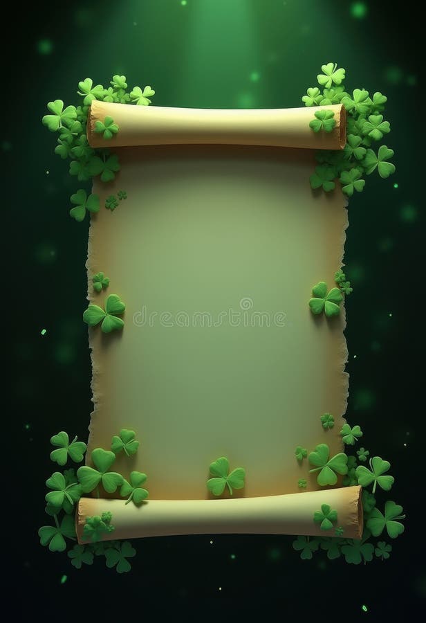Scroll with Green Clover Leaves on Dark Green Background. AI Generation ...