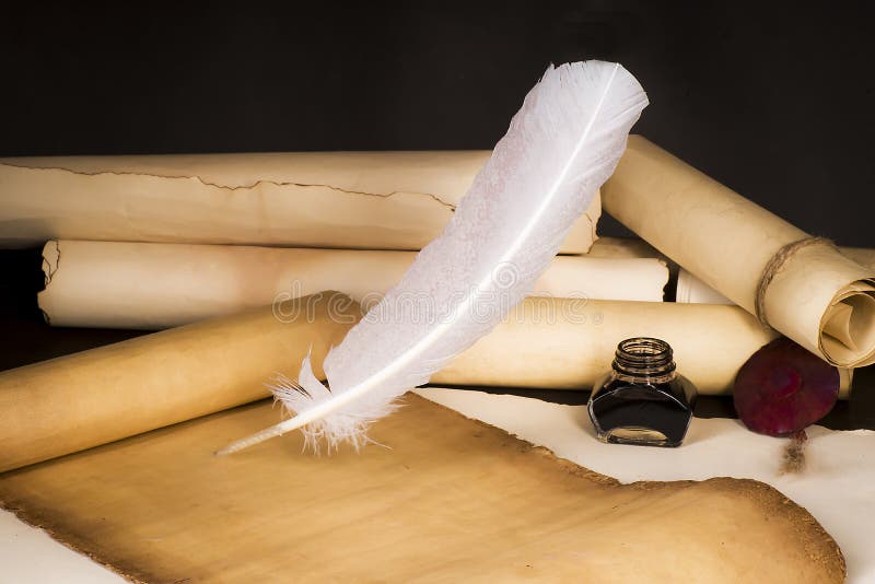 Scroll of Papyrus, and a Pen and Inkwell Stock Image - Image of stamp ...