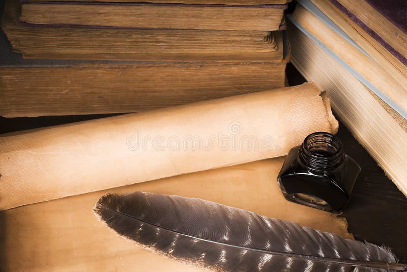 Scroll of Papyrus, and a Pen and Inkwell Stock Image - Image of stylish ...