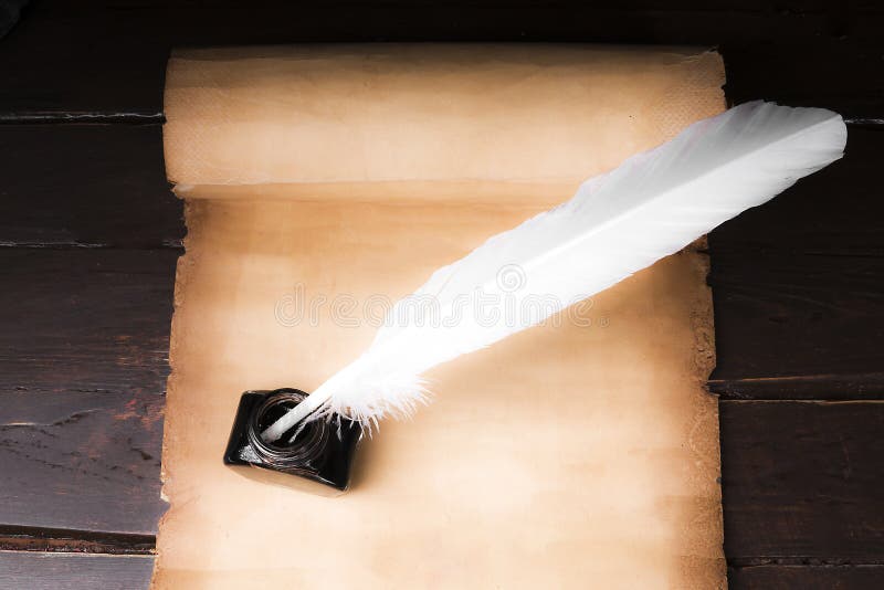 Scroll of Papyrus, and a Pen and Inkwell Stock Photo - Image of library ...