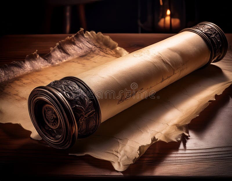 A Scroll of Parchment Partially Unrolled on a Table, with Ink Stains ...