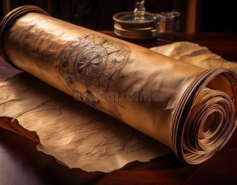 A Scroll of Parchment Partially Unrolled on a Table, with Ink Stains ...
