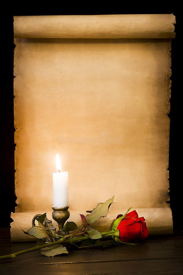 A Scroll of Parchment, a Red Rose and a Lit Candle Stock Image - Image ...