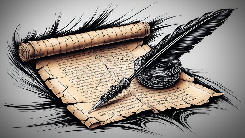 Scroll and Quill and Inkwell Stock Illustration - Illustration of paper ...