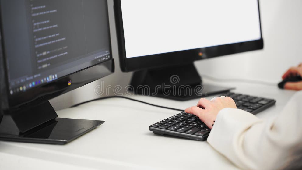 Scrolling the HTML Web Page Code. Young Female Programmer Stock Photo ...