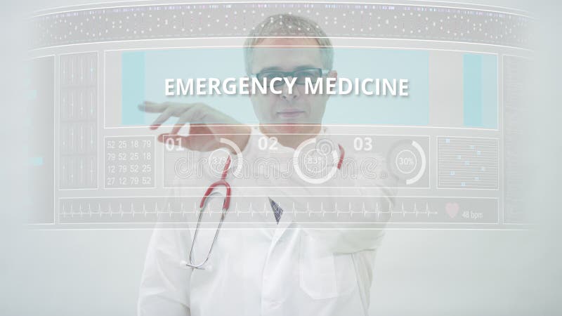 EMERGENCY MEDICINE Tab is Scrolled by a Doctor on a Modern Display ...