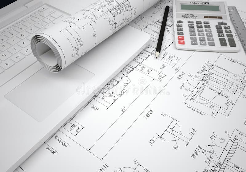 Scrolls Engineering Drawings and Laptop Stock Photo - Image of ...