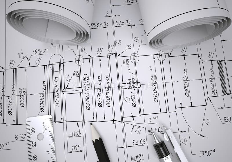 Scrolls of Engineering Drawings Stock Illustration - Illustration of ...