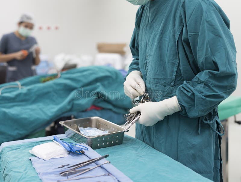Scrub Nurse Preparing Medical Instruments for Operation Stock Photo ...