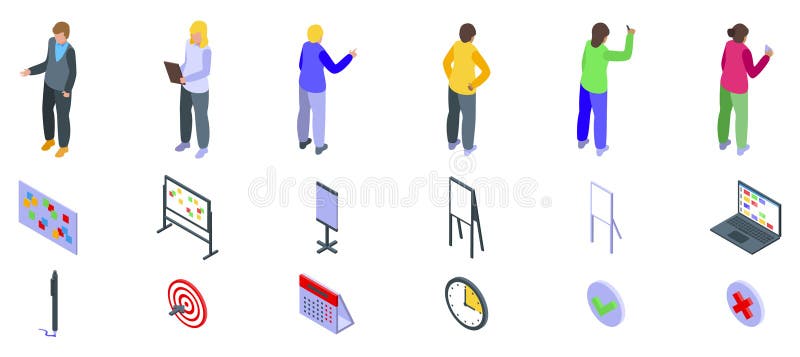 Scrum Board Icons Set. Managers Team Working on Startup Project Using ...