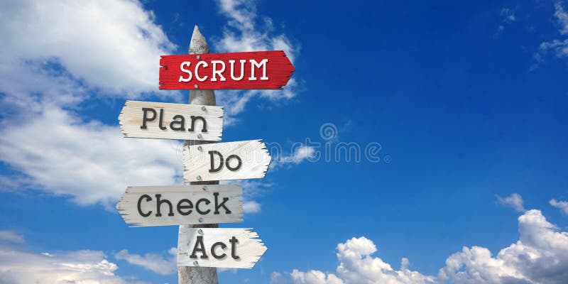 Scrum Concept - Plan, Do, Check, Act - Wooden Signpost with Five Arrows ...
