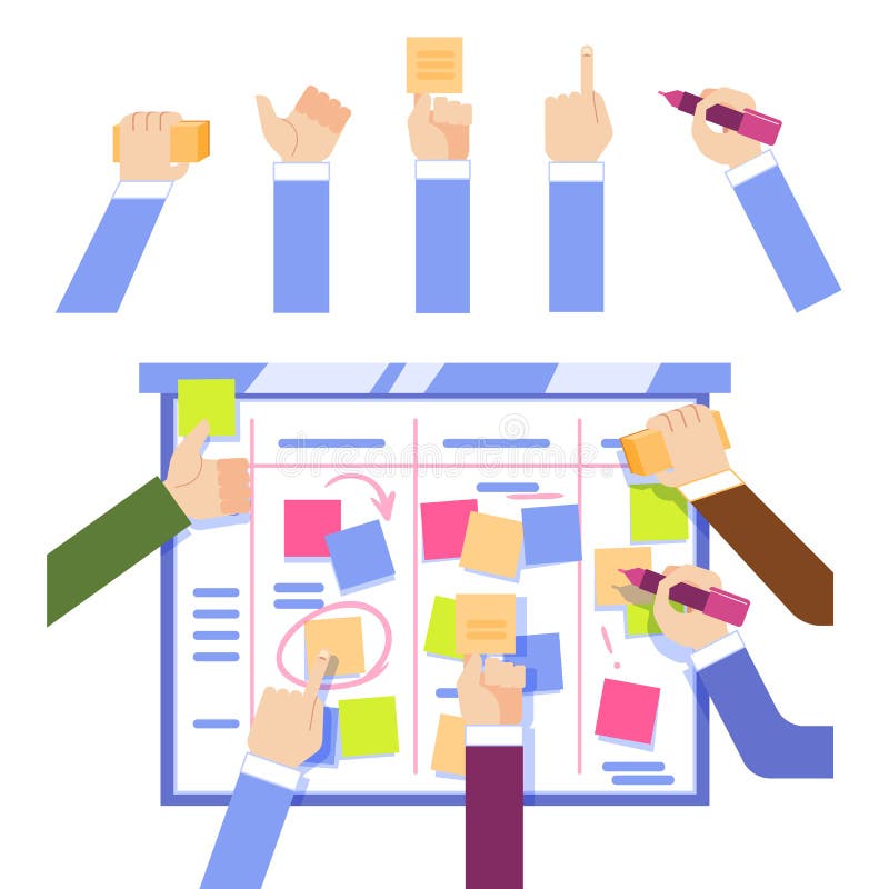 Scrum Task Board Concept with Human Hands Sticking Colorful Papers and ... Scrum Task Board Concept with Human Hands Sticking Colorful Papers and ...