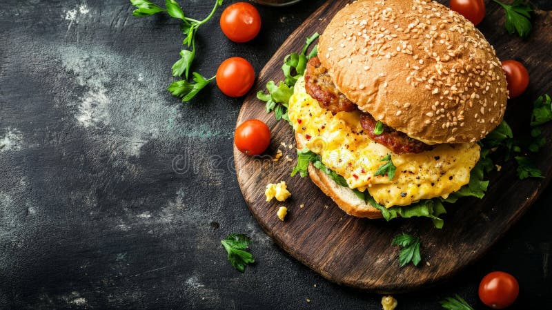 Scrumptious Breakfast Burger with Sausage, Scrambled Eggs, and Cherry ...