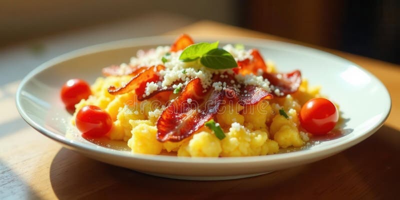Scrumptious Breakfast Dish with Crispy Bacon, Creamy Scrambled Eggs ...