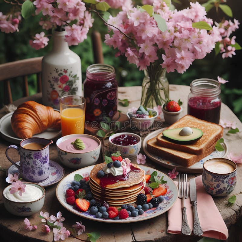 Scrumptious Breakfast Pancake Enjoyed Amidst Blooming Spring Flowers ...