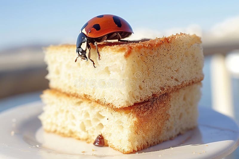 Scrumptious Cake Slice with Ladybug Topper on White Plate Stock Photo ...