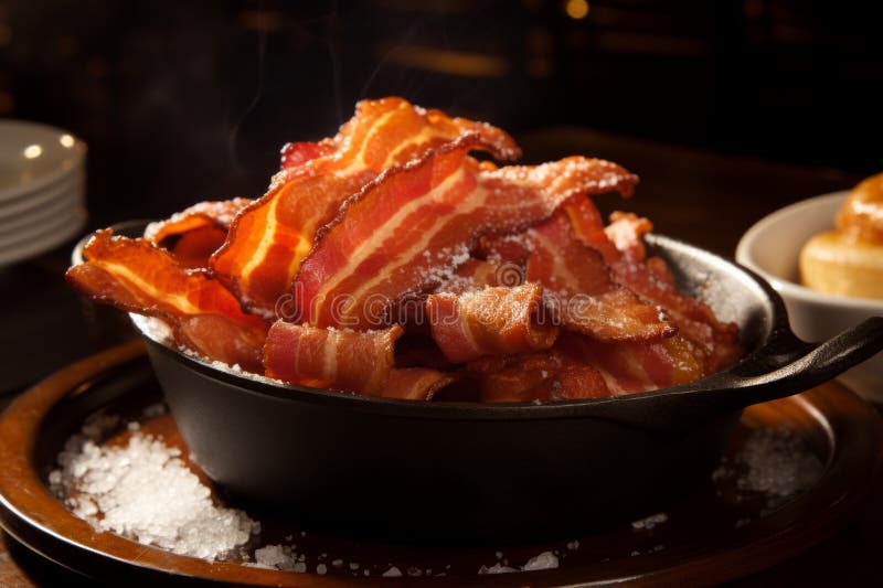 Scrumptious Fried Egg with Crispy Bacon in Pan, Top View Breakfast ...