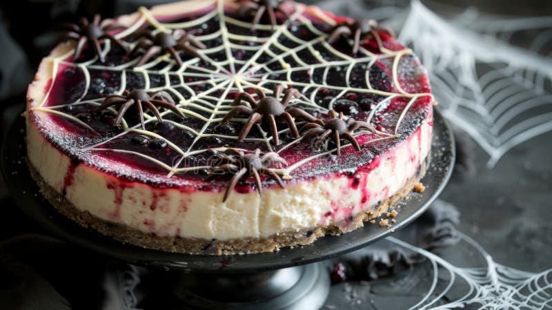 Scrumptious Spider Web Cheesecake with Berries and Chocolate Stock ...