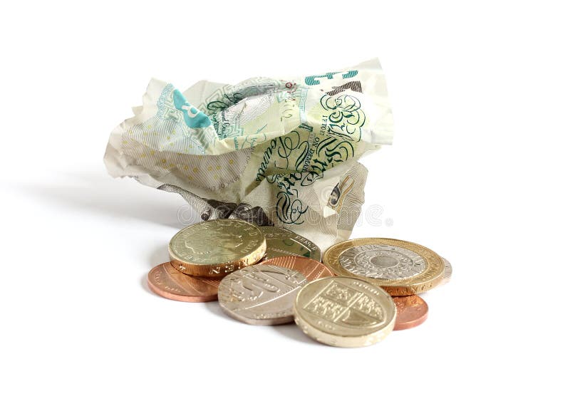 Scrunched Up Paper Money And Loose Change Stock Image - Image of ...