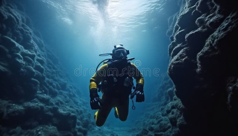 Scuba Deep Sea Diver Swimming in a Deep Ocean Stock Illustration ...
