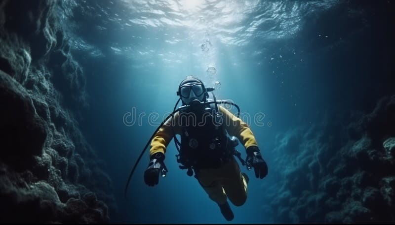 Scuba Deep Sea Diver Swimming in a Deep Ocean Stock Illustration ...