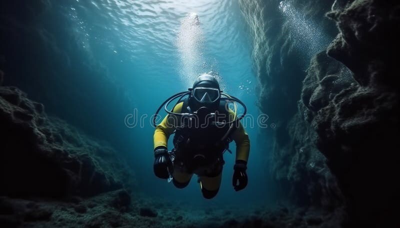 Scuba Deep Sea Diver Swimming in a Deep Ocean Cavern ,generated with AI ...