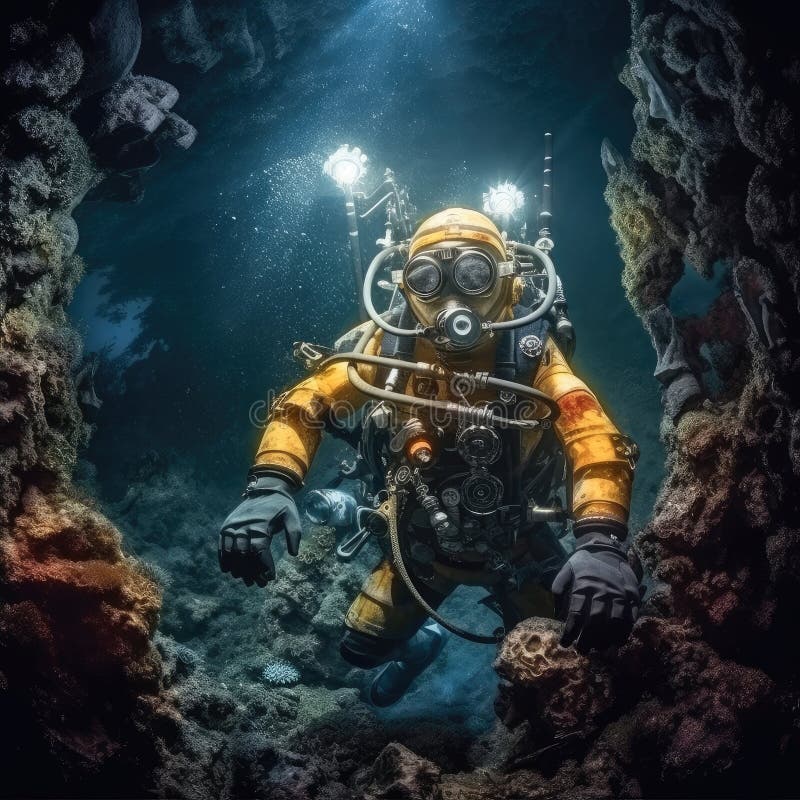 Scuba Deep Sea Diver Swimming in a Deep Ocean Cavern, Underwater ...