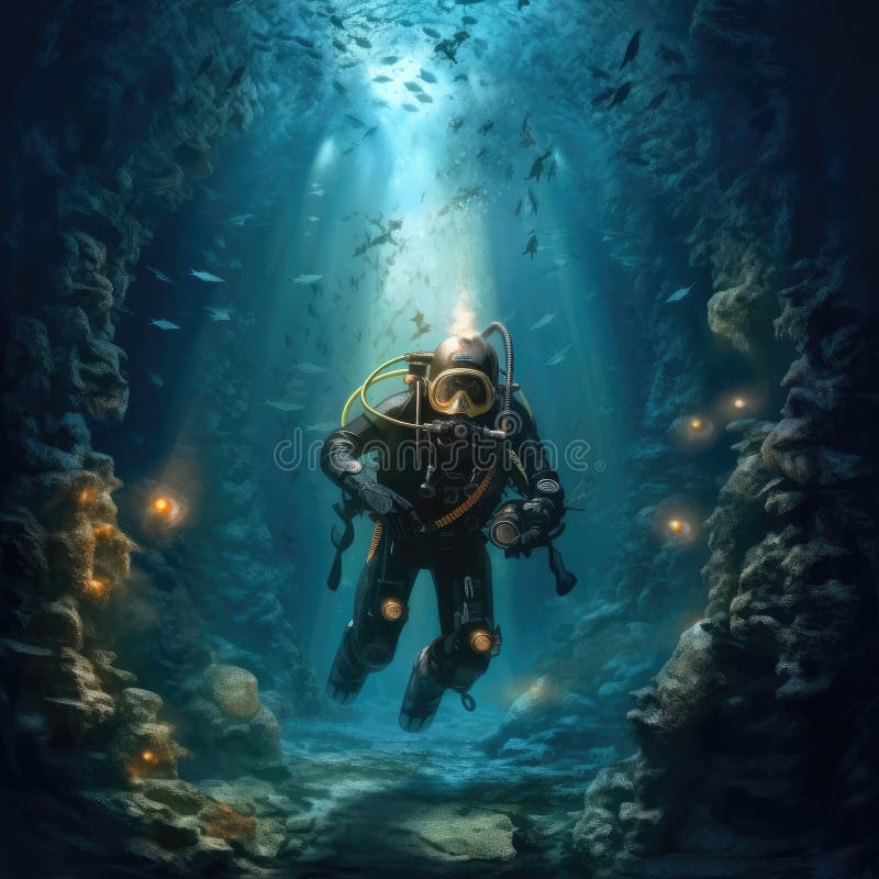 Scuba Deep Sea Diver Swimming in a Deep Ocean Cavern, Underwater ...