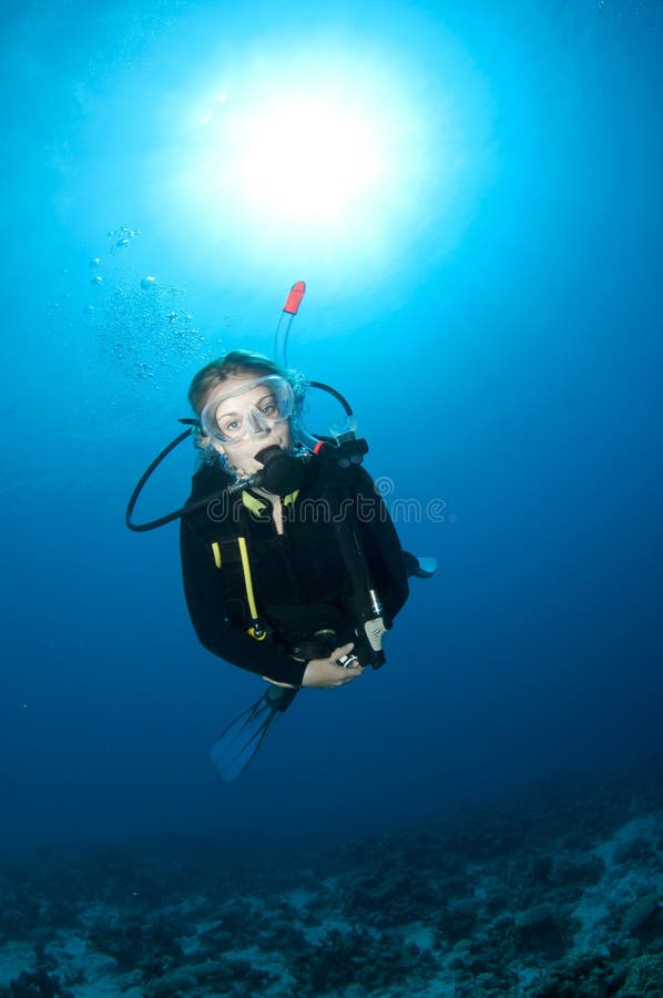 Blonde Scuba Diver Swims in Clear Blue Water Stock Photo - Image of ...