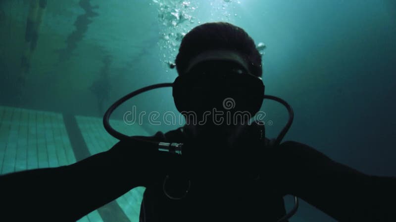 Scuba Diver Breathing Underwater in the Pool Stock Video - Video of ...