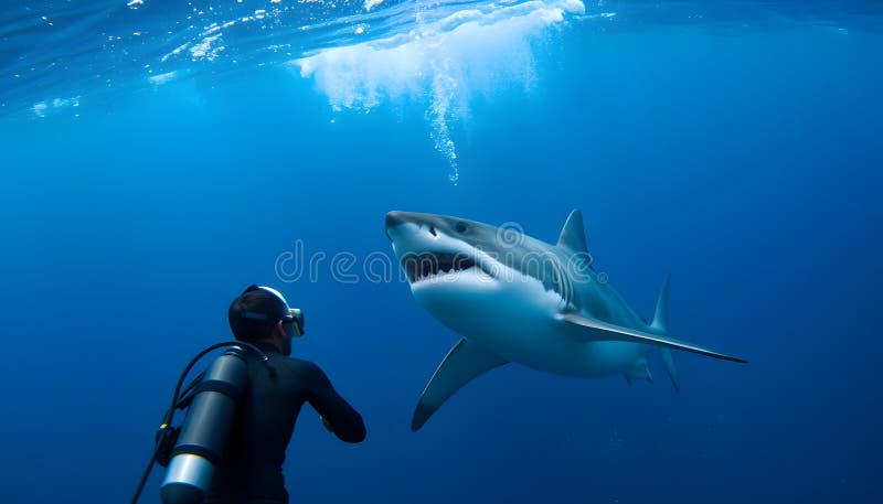 Diver Encounters Great White Shark Underwater Stock Illustration ...