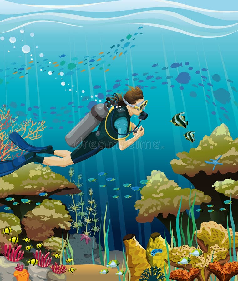 Cartoon Colored Coral Reef and Diver Stock Illustration - Illustration ...