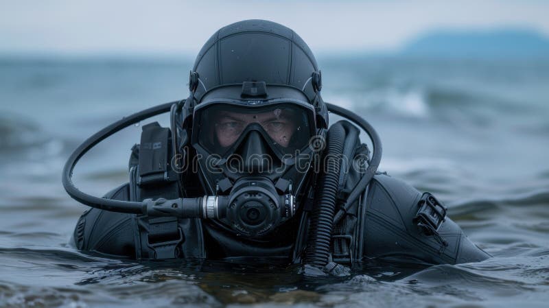 Scuba diver in dark water stock illustration. Illustration of gear ...