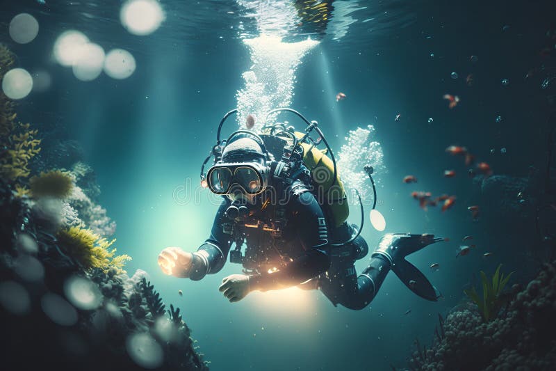 Scuba Diver in the Deep Blue Sea. 3d Rendering Stock Illustration ...
