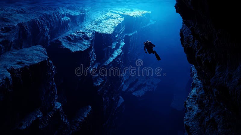 Scuba Diver at the Edge of a Drop-off, Endless Deep Blue Abyss, Feeling ...