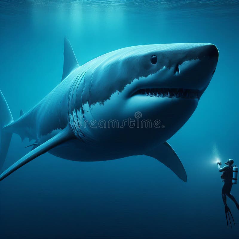 Scuba Diver Encountering a Massive Great White Shark Underwater Stock ...