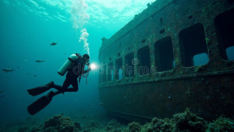 Scuba Diver Explores Sunken Shipwreck Using Flashlight Navigate Rusted ... Scuba Diver Explores Sunken Shipwreck Using Flashlight Navigate Rusted ...