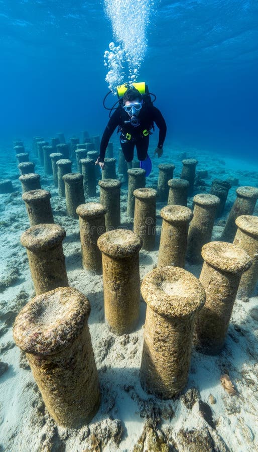 Scuba Diver Explores Underwater Grid of Artificial Reef Structures ...