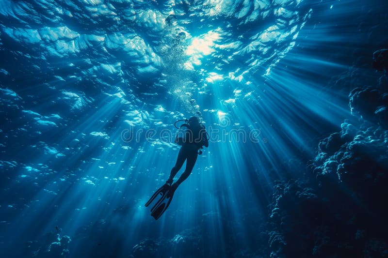 Scuba Diver Exploring the Deep Ocean Light Rays Stock Image - Image of ...