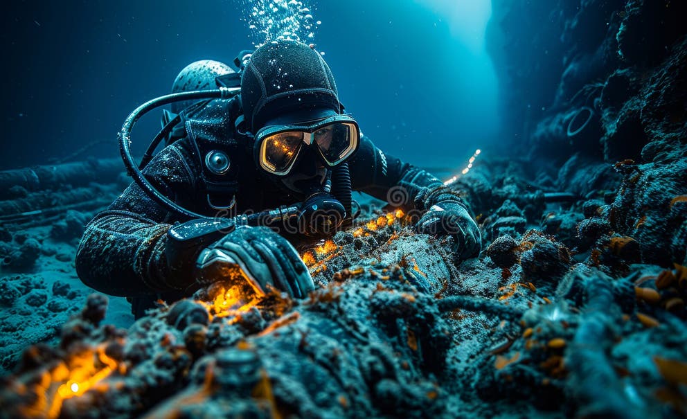 SCUBA Diver Exploring the Seabed with Fire and Bubbles Stock ...