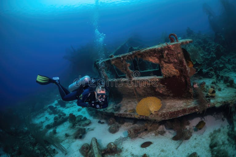 Scuba Diver Exploring Shipwreck, Finding Priceless Treasures and ...