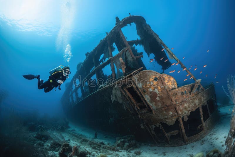 Scuba Diver Exploring Shipwreck, with Schools of Fish Swimming All ...