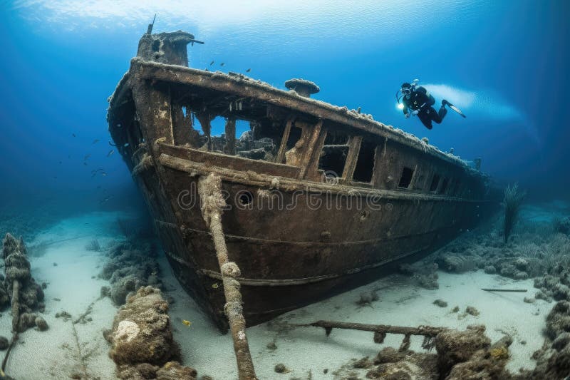 Scuba Diver Exploring Shipwreck, with Schools of Fish Swimming in the ...