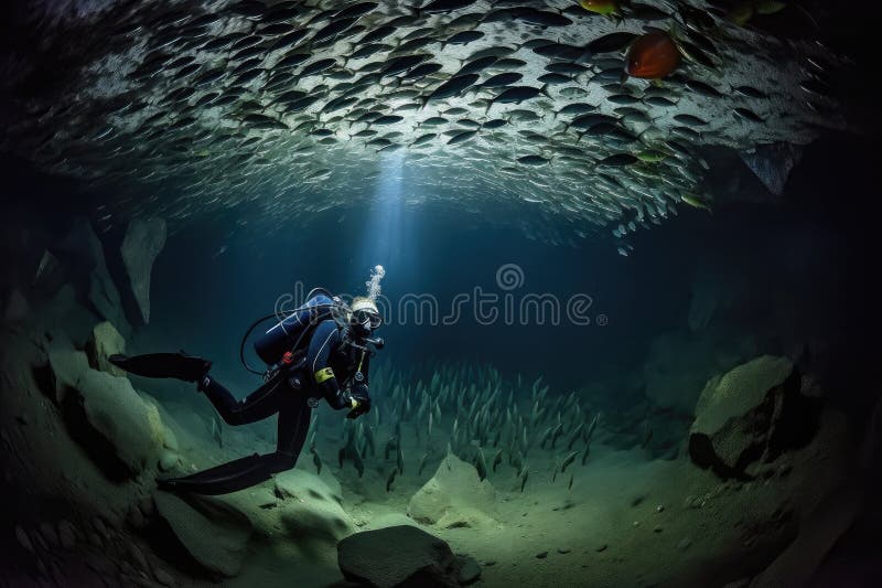 Scuba Diver Exploring Underwater Cave, with Schools of Fish Swimming ...